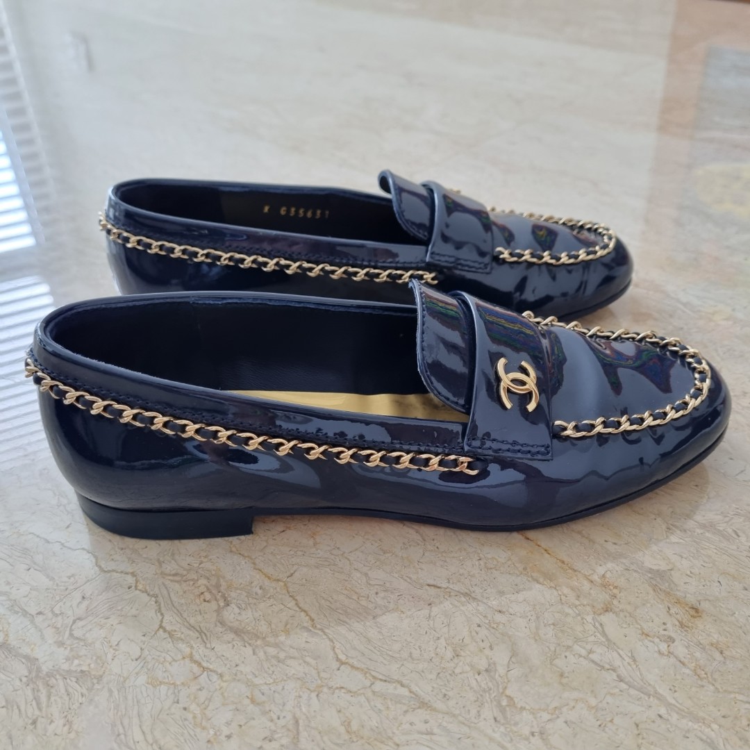 Authentic Chanel 35.5C Navy Leather Flat Heel Shoe with Receipt ...