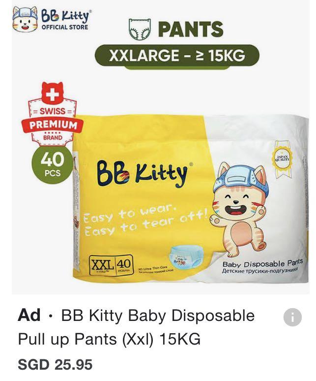 BB Kitty Baby diapers Pants XXL , 40pcs, Babies & Kids, Bathing ...