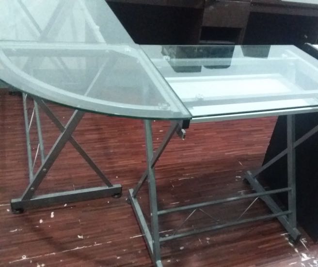 L-shaped Glass top metal computer table, Furniture & Home Living ...