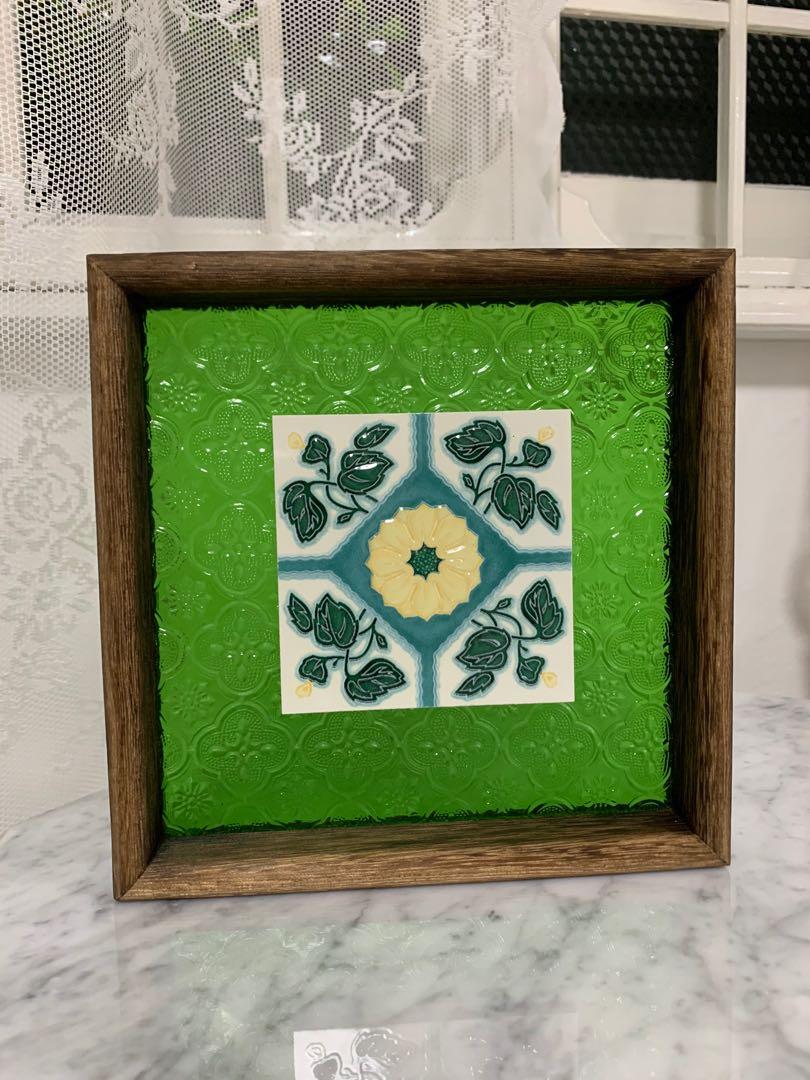 Peranakan tile with flower glass frame., Furniture & Home Living, Home ...