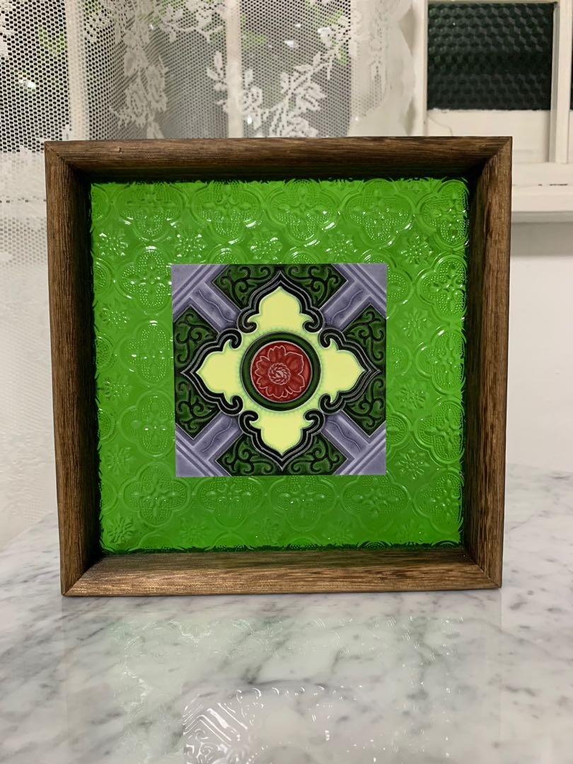 Peranakan tile with flower glass frame., Furniture & Home Living, Home ...
