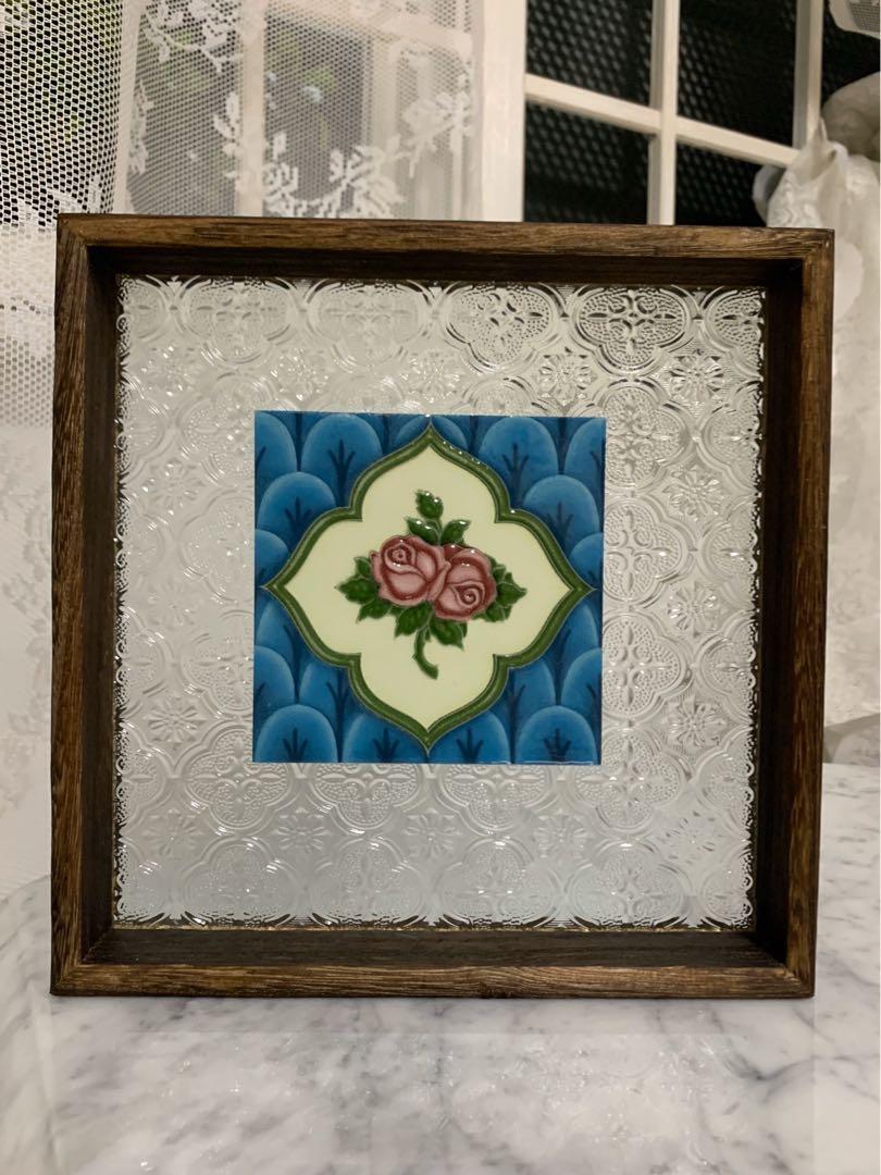 Peranakan tile with flower glass frame., Furniture & Home Living, Home ...