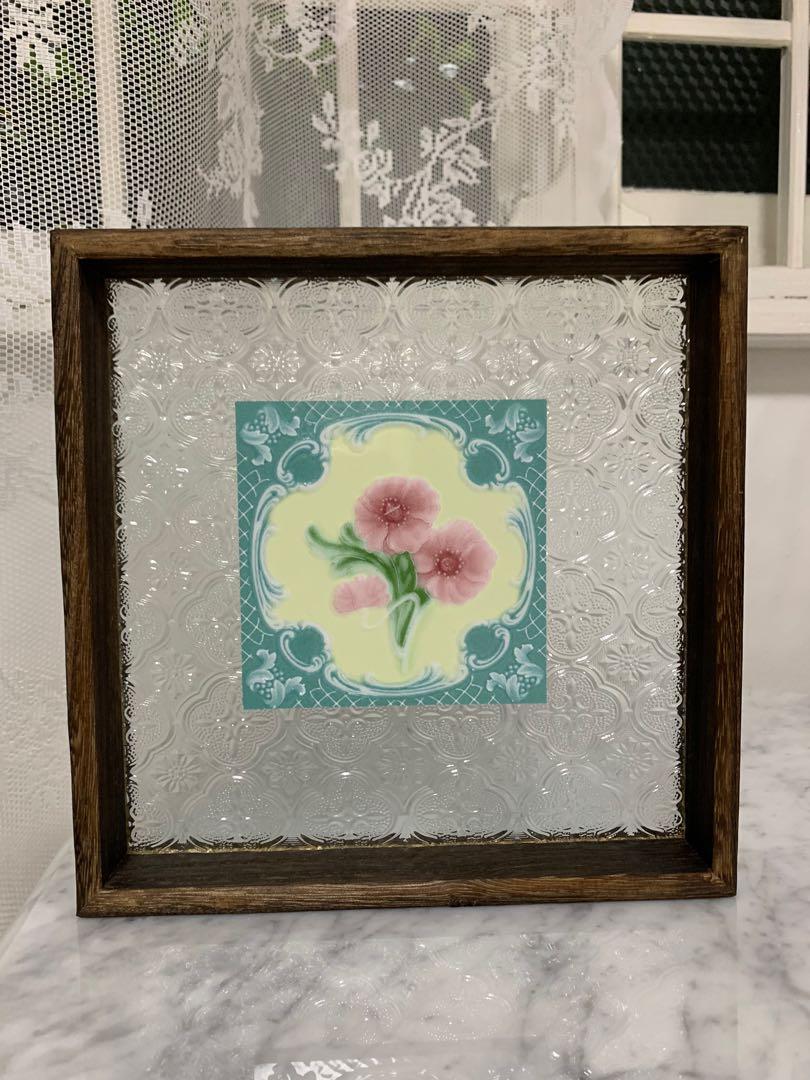 Peranakan tile with flower glass frame., Furniture & Home Living, Home ...