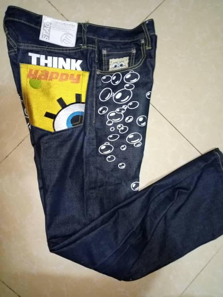 SPONGEBOB JEANS SELVEDGE, Men's Fashion, Bottoms, Jeans on Carousell