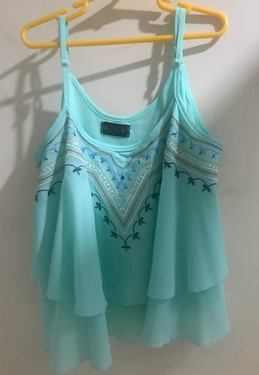 Tiffany Blue Layered Top with Embroidery, Women's Fashion, Tops ...