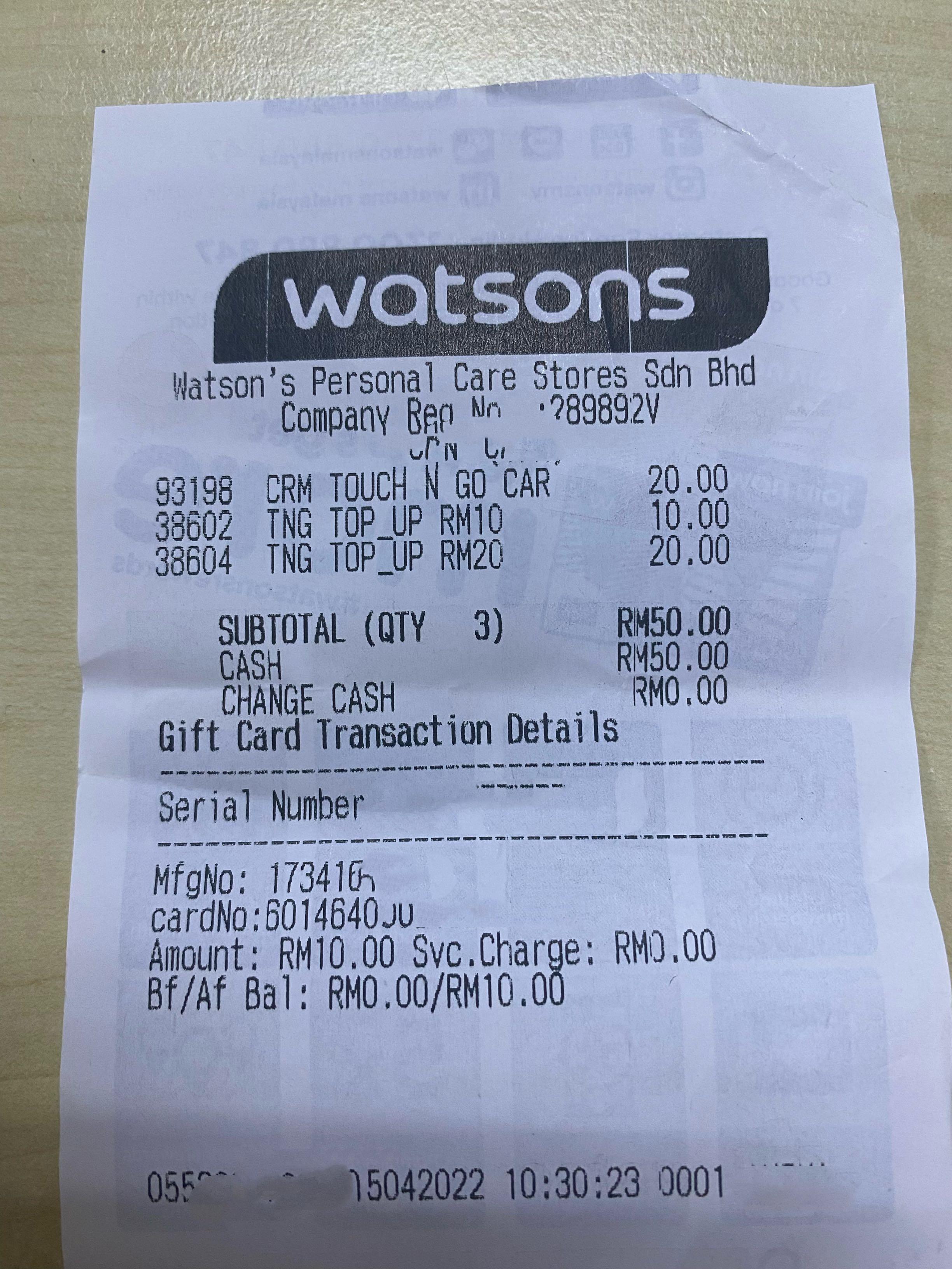 Watson Touch N Go Card (No Expire) Value Rm50+Card, Announcements on ...