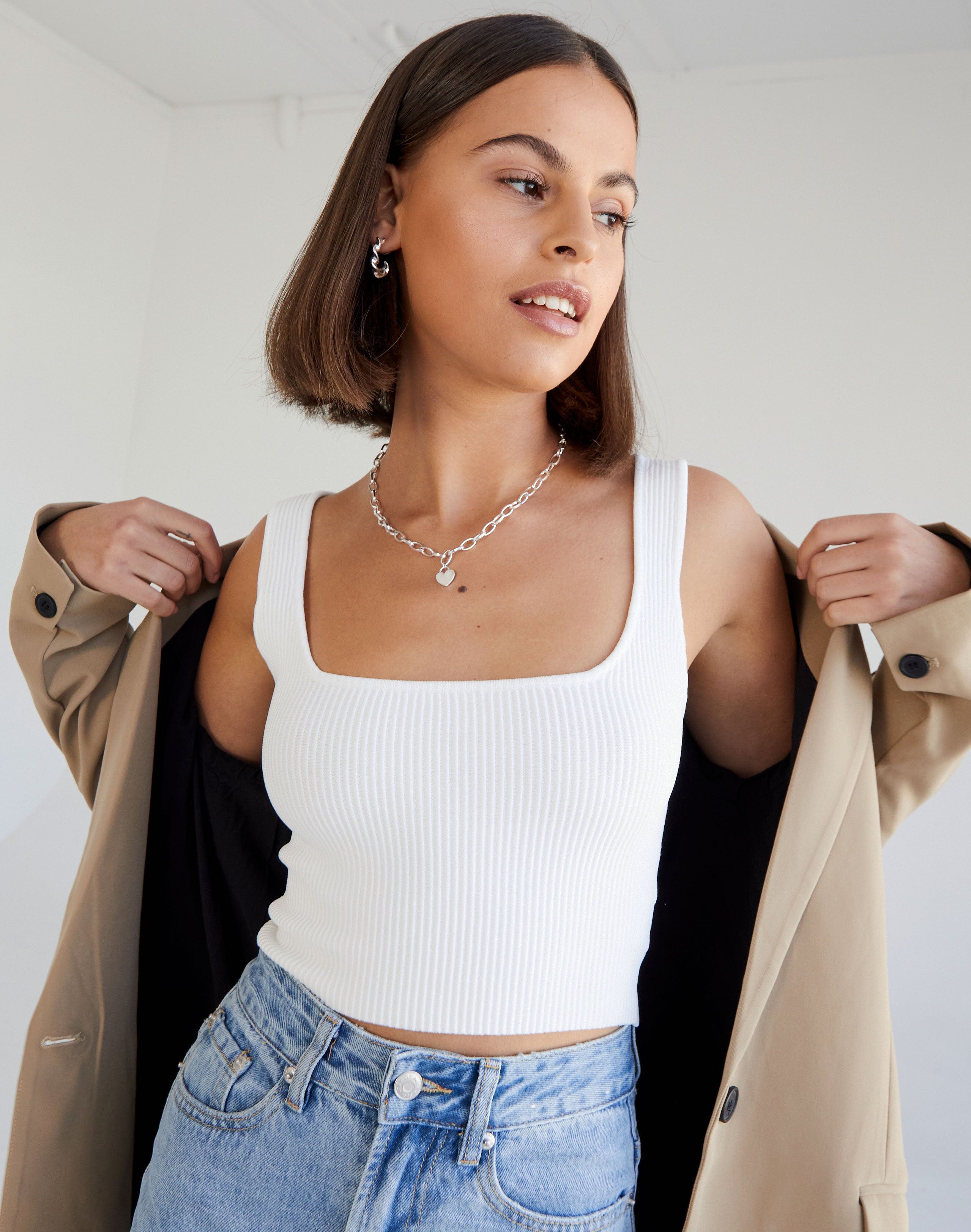 Glassons Square Neck Crop Rib Tank in White, Women's Fashion, Tops ...