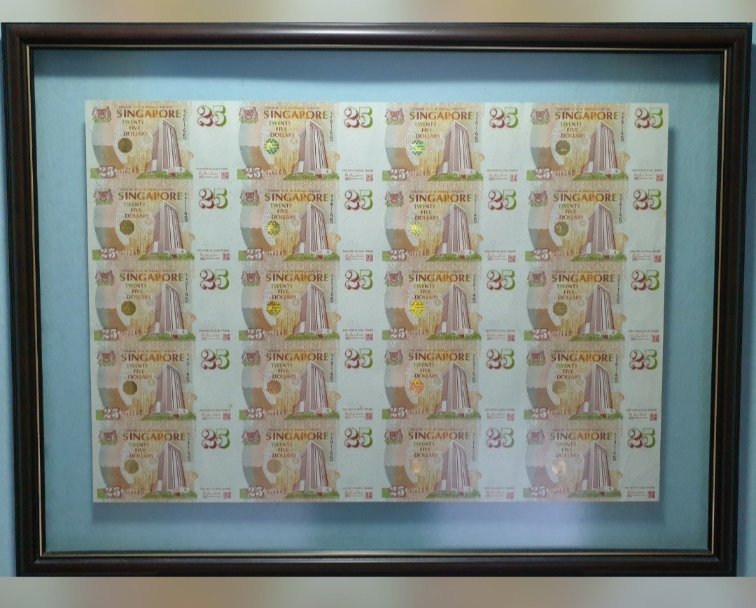 1996 Singapore $25 Uncut Sheet of 20 Banknotes Framed, Hobbies & Toys ...