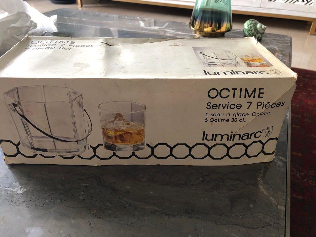 Luminarc whiskey glass set with ice bucket, Furniture & Home Living ...