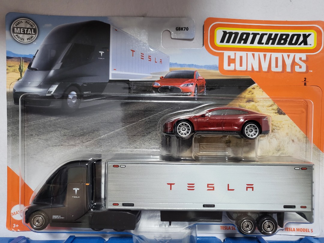 Matchbox Convoys Series Tesla Semi & Box Trailer with red Tesla Model S ...
