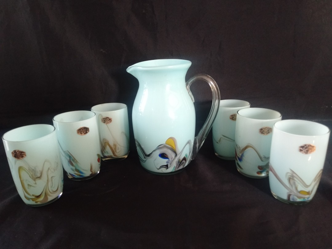 1960's Dalian Glass Chinese Export Snowflakes Pitcher Set/ "Murano of ...