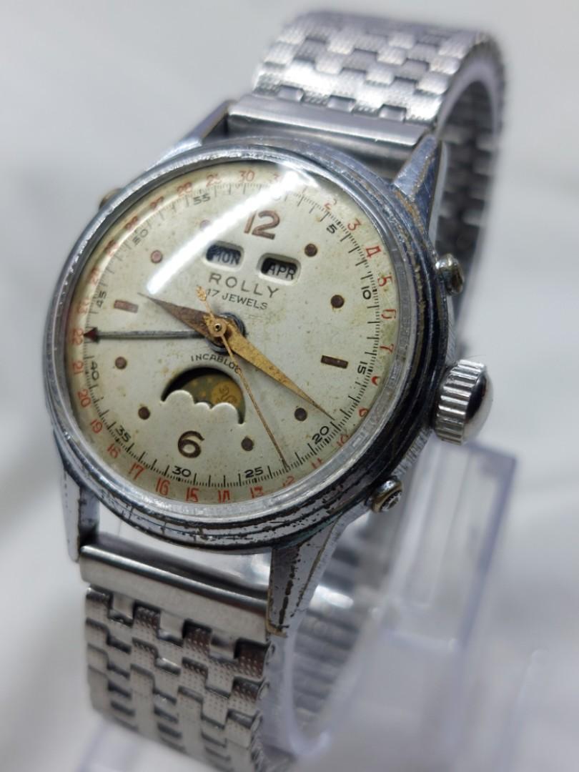 Rare Rolly triple calendar moonphase 1950s, Luxury, Watches on Carousell