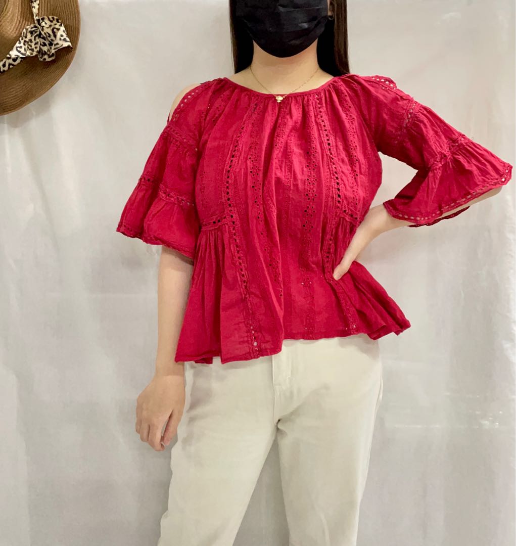 Red eyelet top, Women's Fashion, Tops, Blouses on Carousell