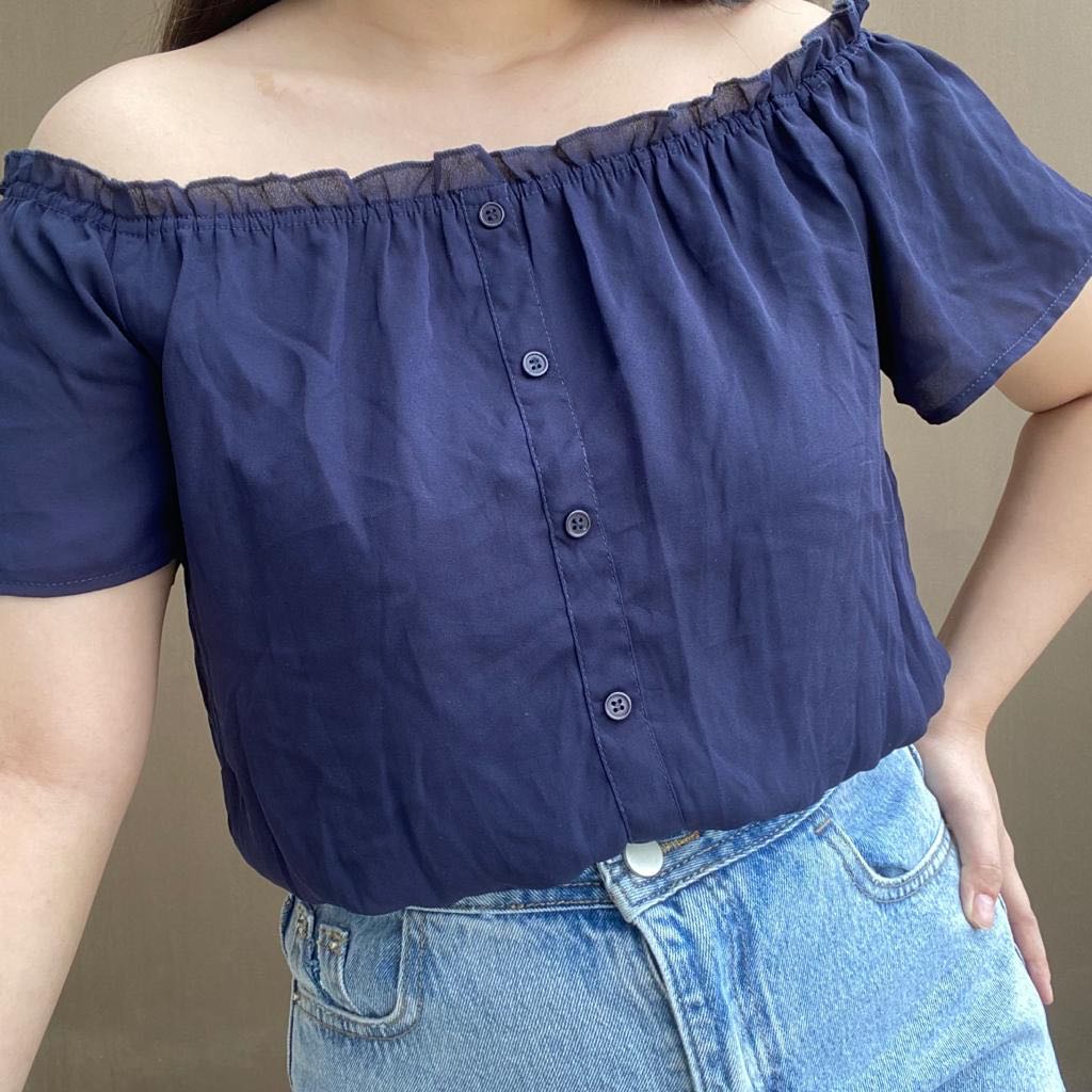 Sabrina Top Navy Blue, Fesyen Wanita, Pakaian Wanita, Atasan di Carousell