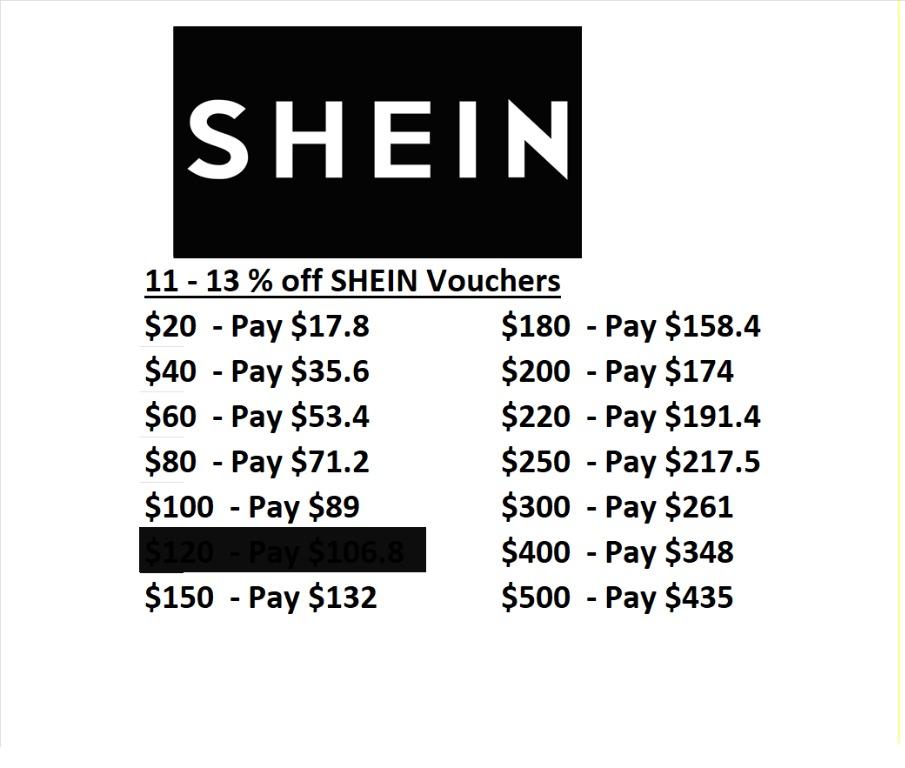 11-13% off SHEIN Vouchers, Tickets & Vouchers, Vouchers on Carousell