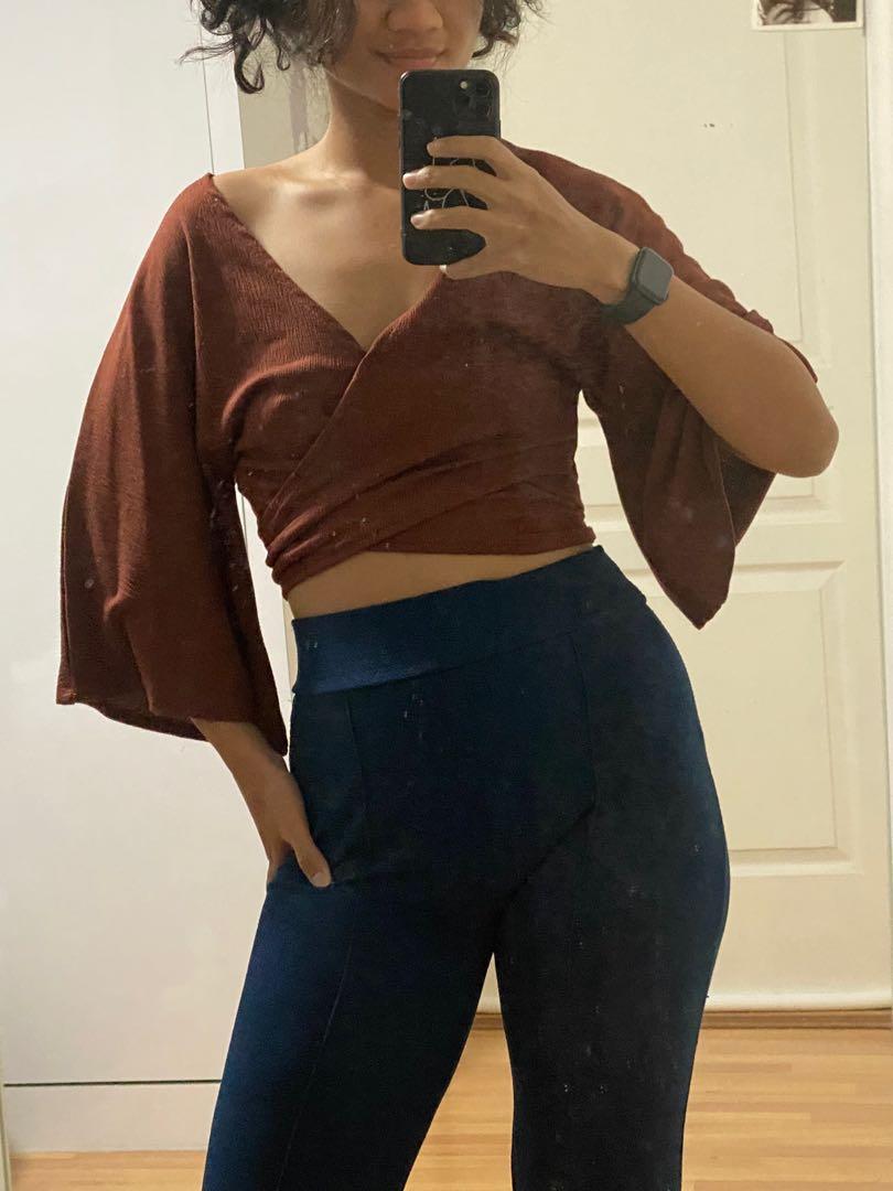 Brown crop wrap top, Women's Fashion, Tops, Shirts on Carousell