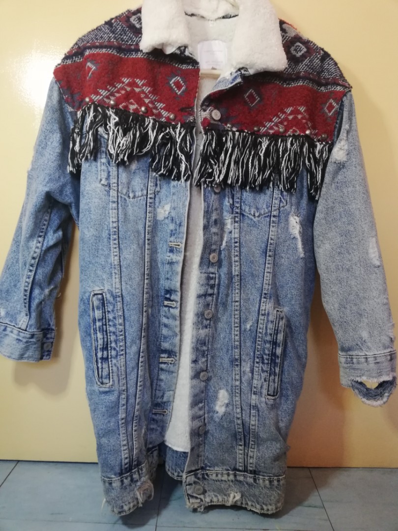 Zara Aztec Fleece Long Denim Jacket, Women's Fashion, Coats, Jackets ...