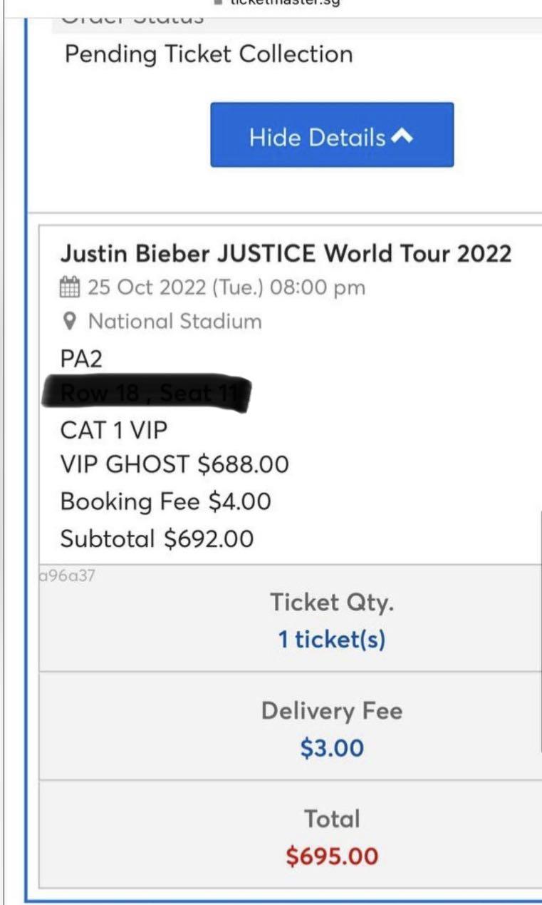 Justin Bieber CAT 1 VIP Ghost ticket, Tickets & Vouchers, Event Tickets ...