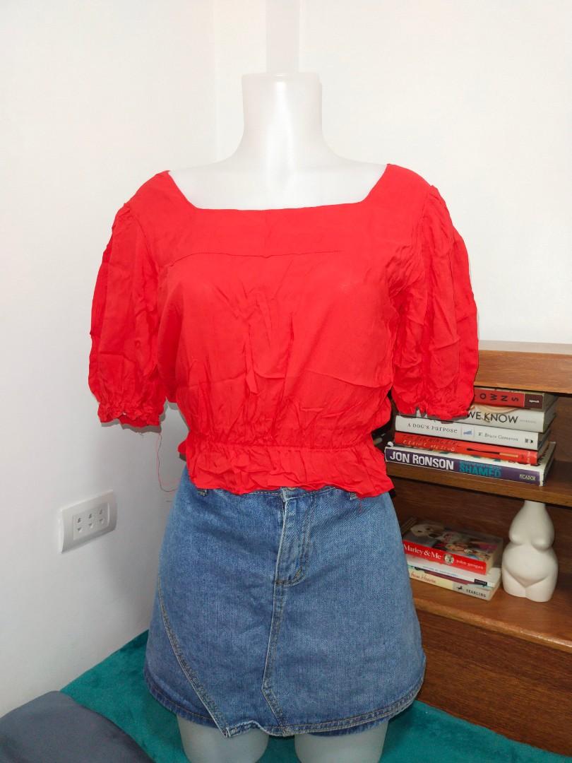 Plain Red Squared Collar Top, Women's Fashion, Tops, Blouses on Carousell