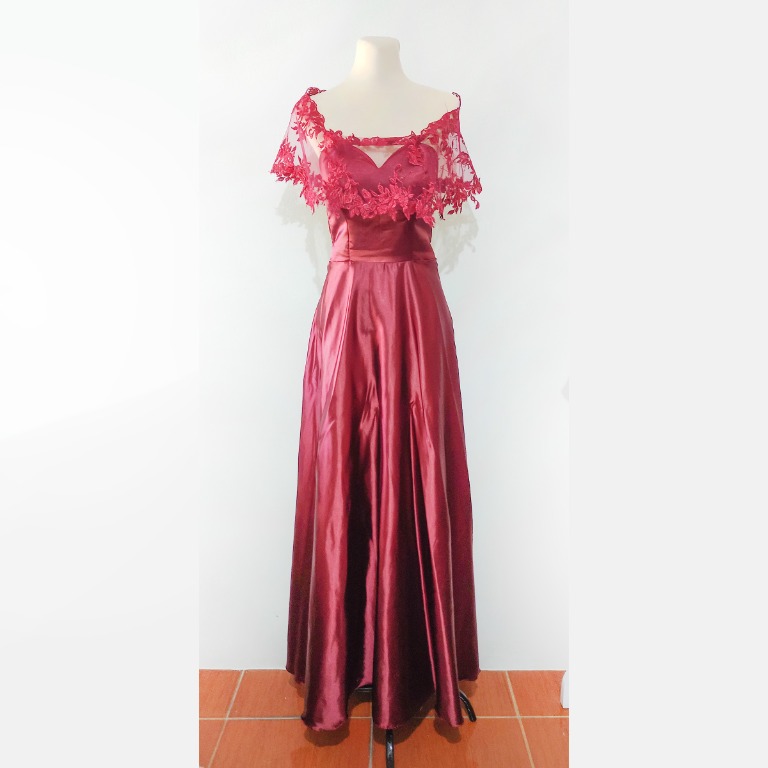 Filipiniana inspired Burgundy Wine Red Long Evening Gown Formal Dress ...