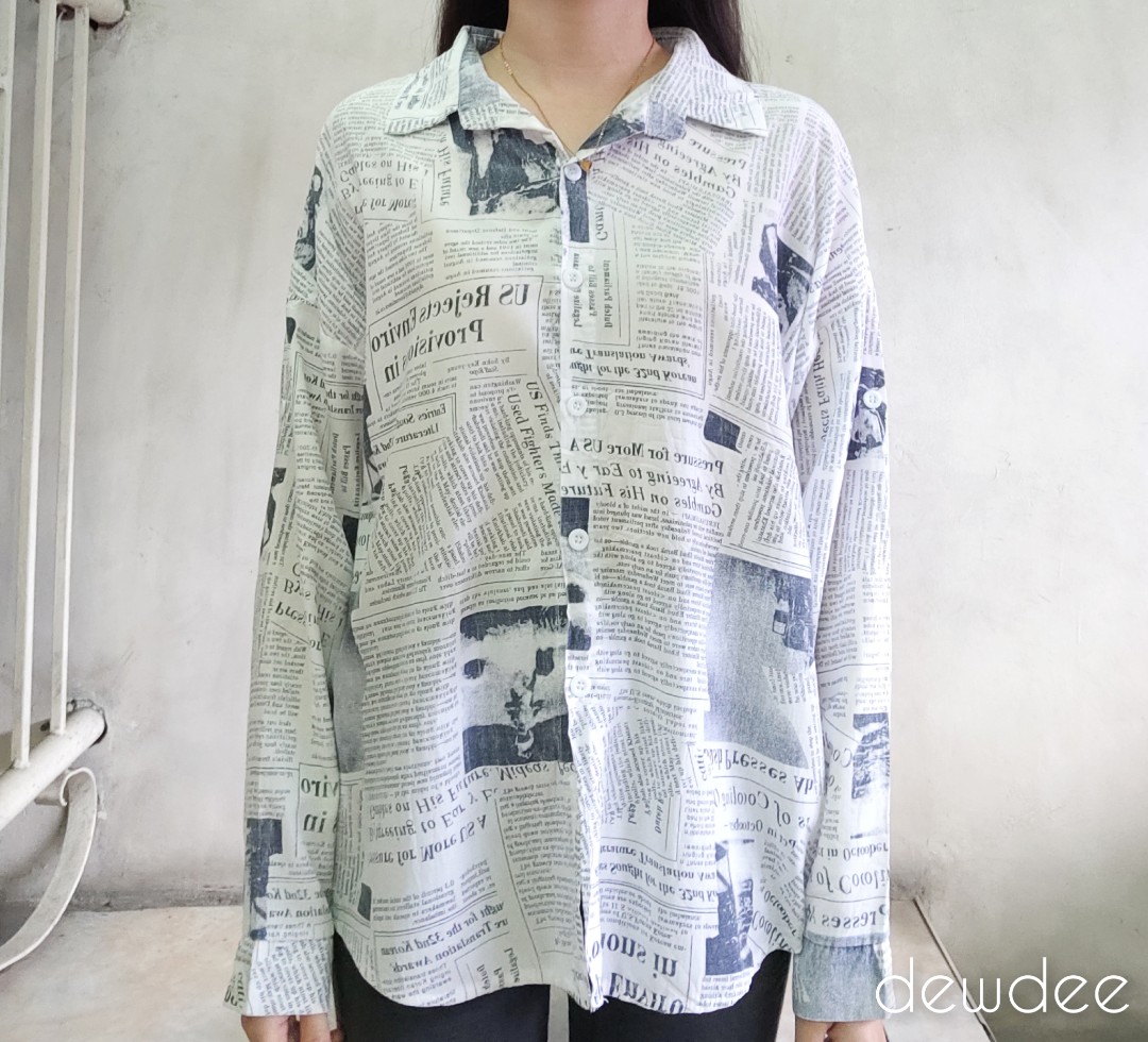 Newspaper Print Button Down Long Sleeve Top Preloved, Women's Fashion ...