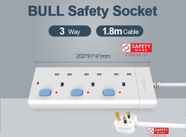 Bull Safety Socket 3 Way (1.8 Meters Cable) Extension Socket Outlet ...