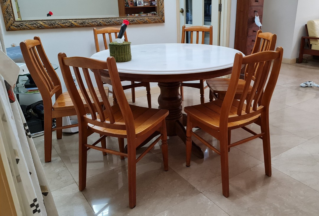 6-seater wood table with marble top. 6 solid nyatoh wood chairs ...
