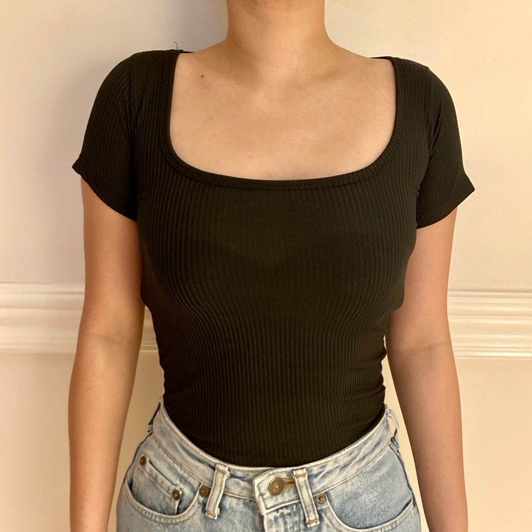 Black Square Neck Rib Knit Shirt, Women's Fashion, Tops, Shirts on ...