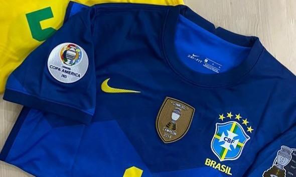 NEW Brazil blue away kit copa America patch football soccer jersey polo ...