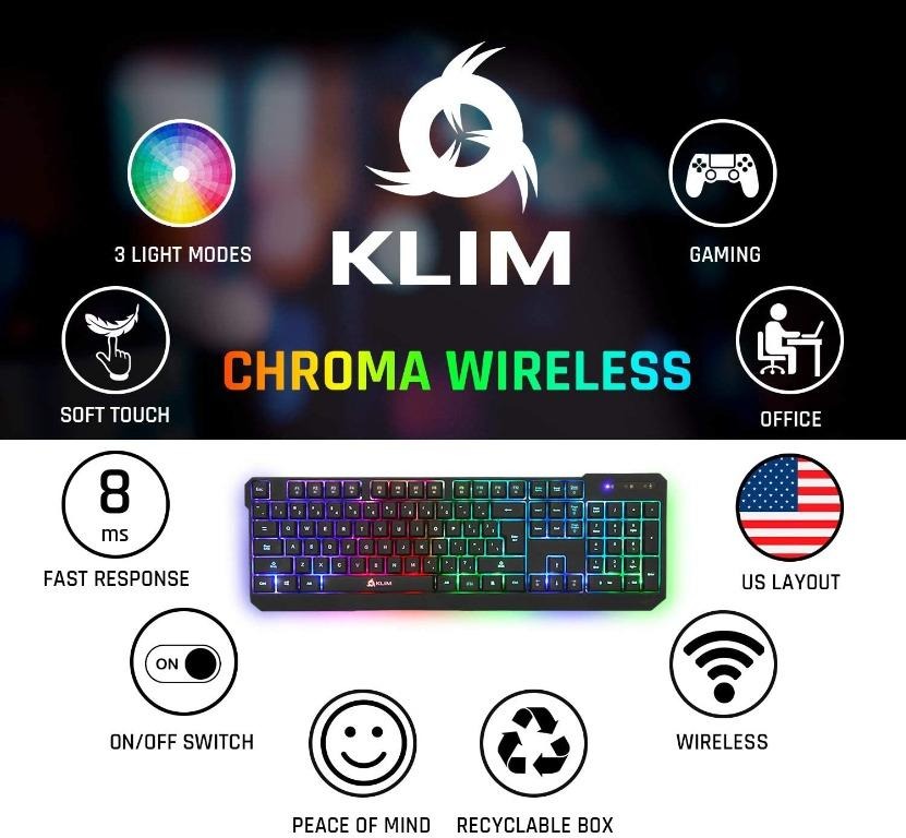 Rechargeable Wireless Gaming Keyboard Klim Chroma + Slim, Durable ...