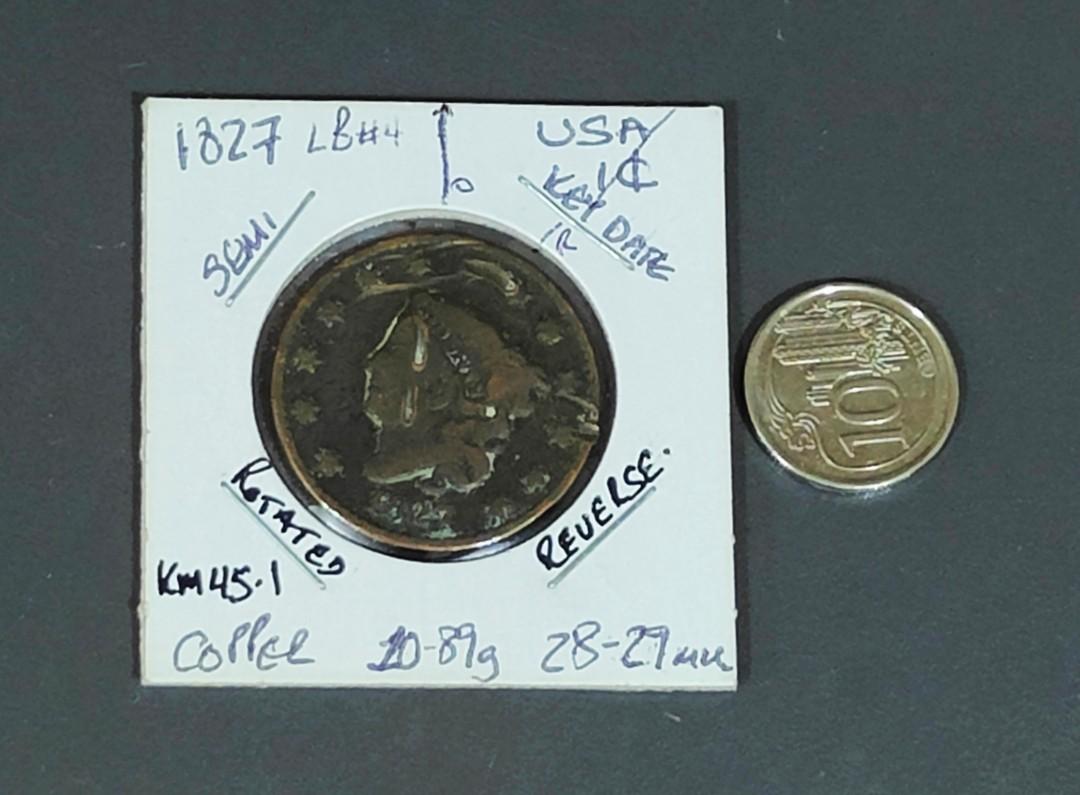 US Rotation 15 Deg Error Coin 1827 1 Cent VF, Hobbies & Toys ...