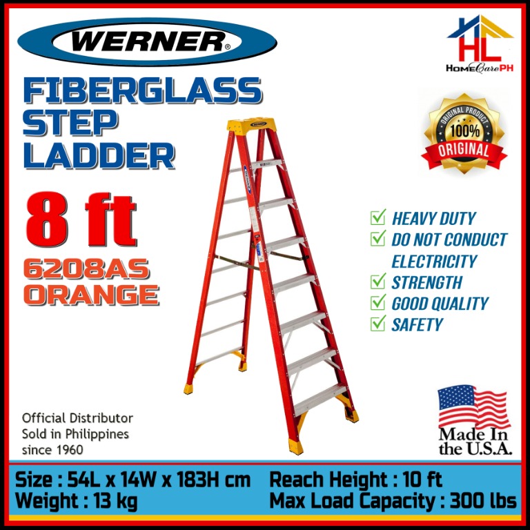 Werner Fiberglass Step Ladder (Orange) 4ft/5ft/6ft/8ft, Commercial ...