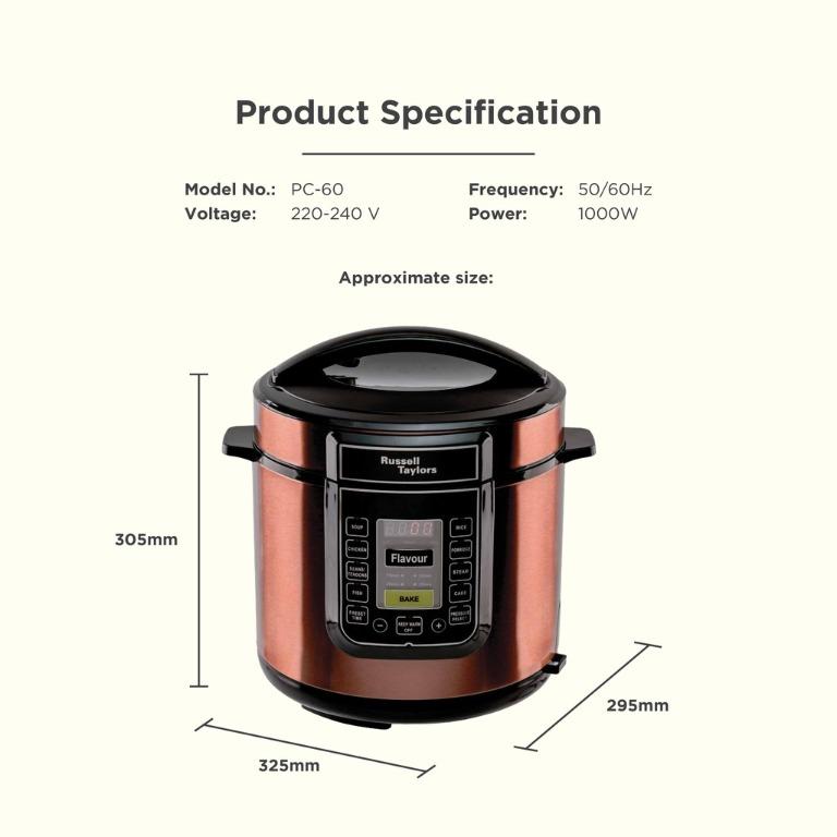Russell Taylors 6L Electric Pressure Cooker PC-60, stainless steel pot ...