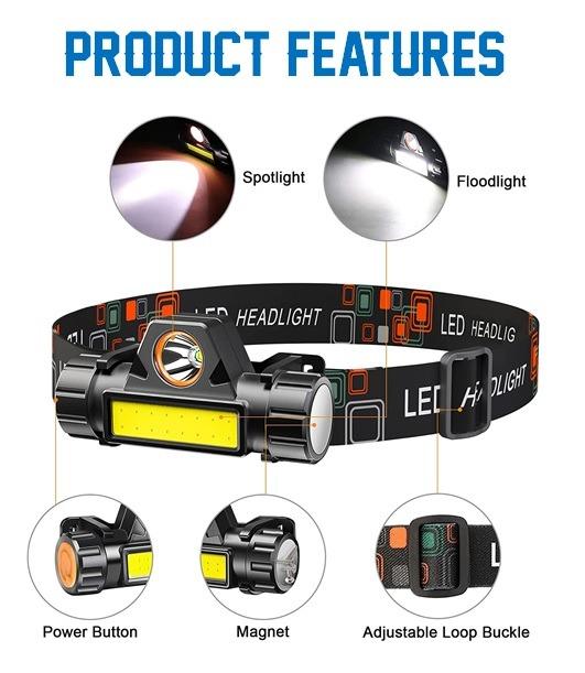 LED Headlamp XPE + COB USB Rechargeable Headlight Headlamp/ Head Torch ...