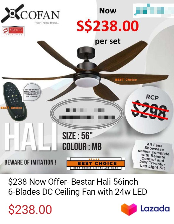 Bestar Hali 56" 6-Blades DC Ceiling Fan with 24W LED lights, Furniture ...
