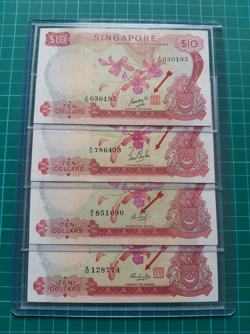 4 different signatures $10 orchid series Singapore currency dollar old ...