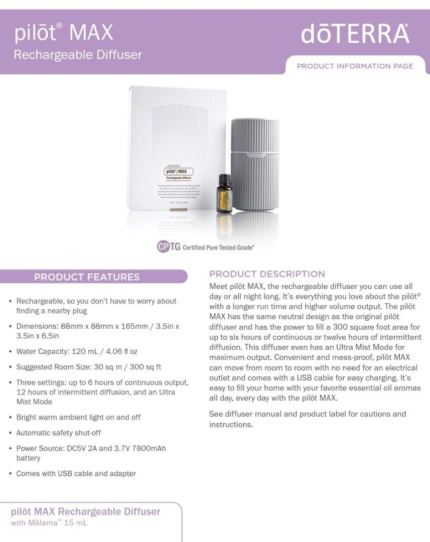 Doterra Pilot MAX Rechargeable Diffuser & Malama Essential Oil **NEW ...