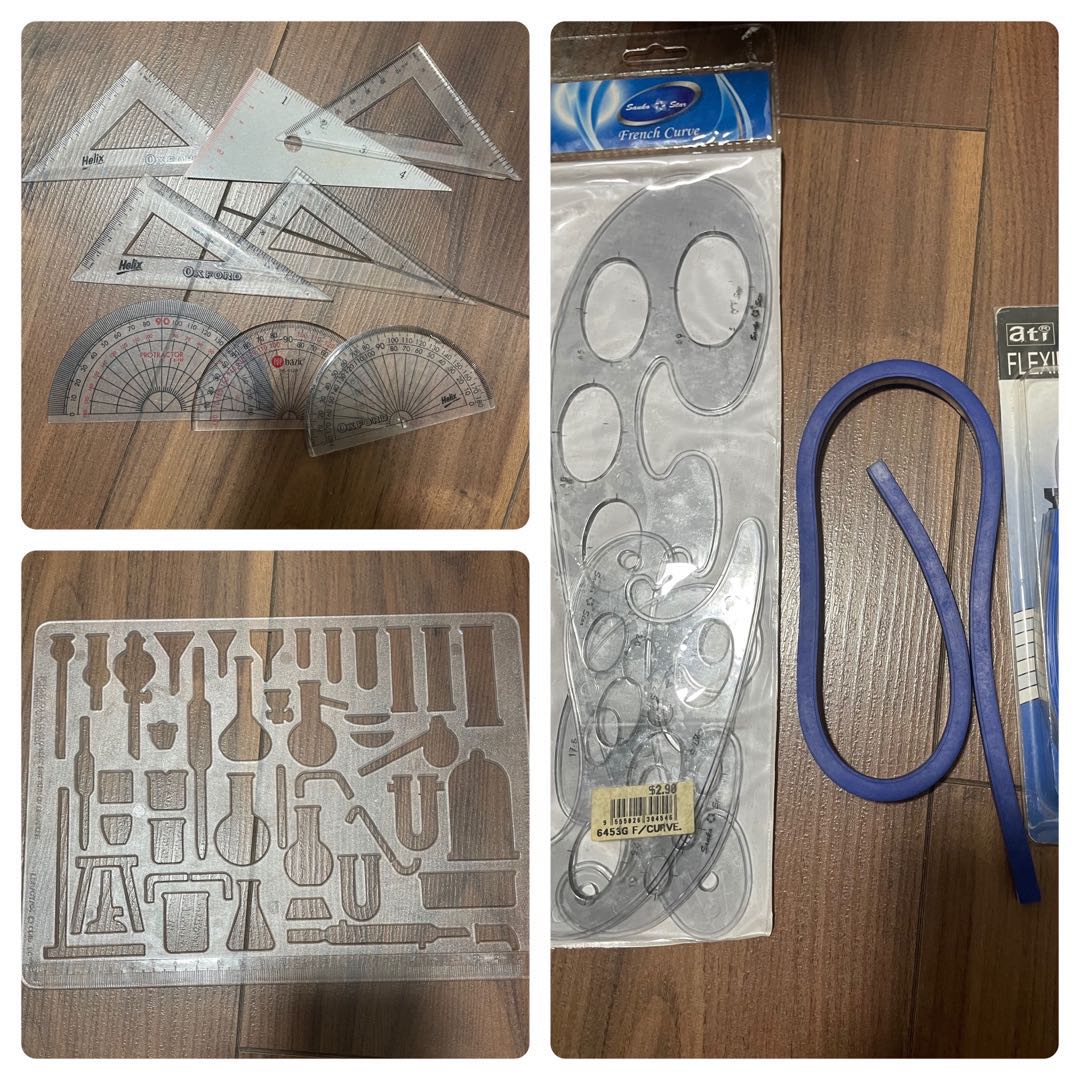 Protractor, set square, curve ruler, French curve, chemistry template ...