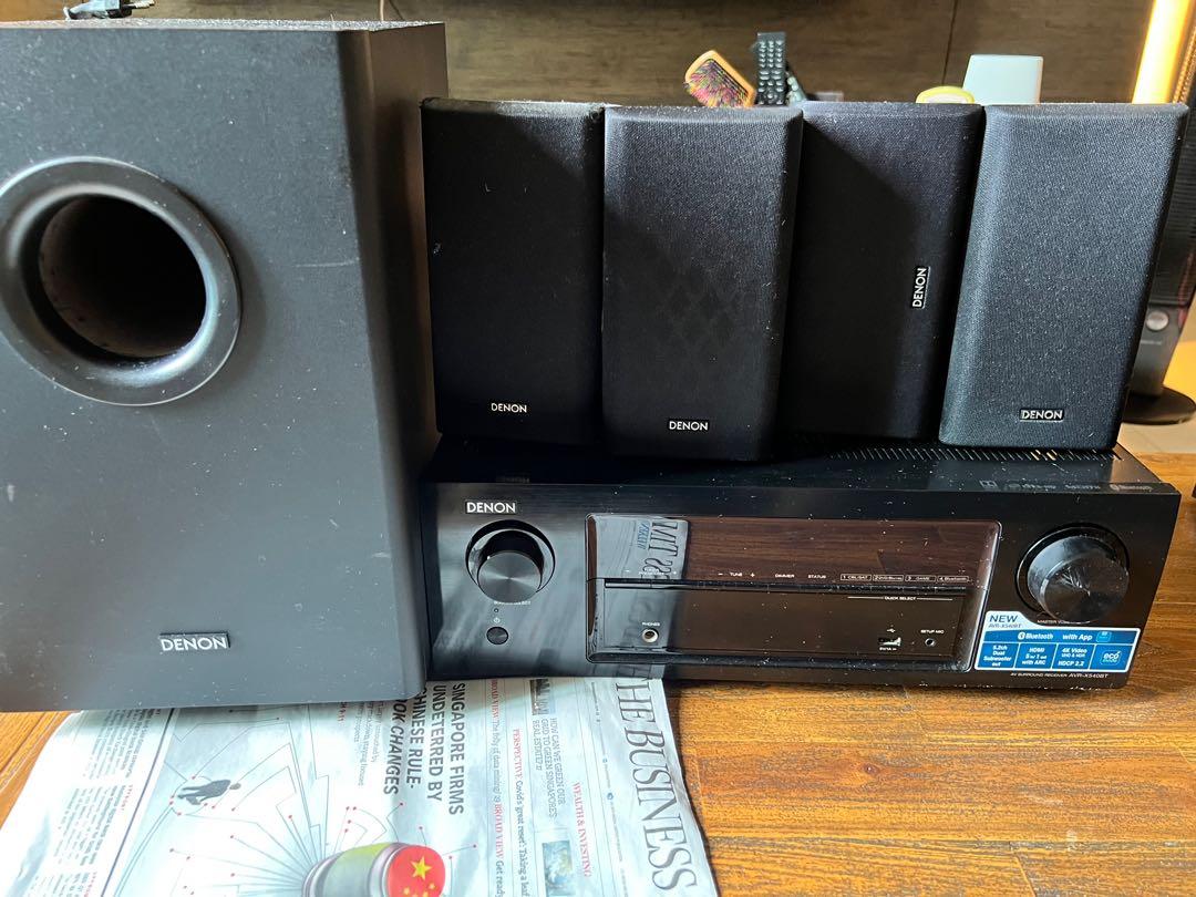 Denon music system AV receiver with woofer and surround sound speakers ...