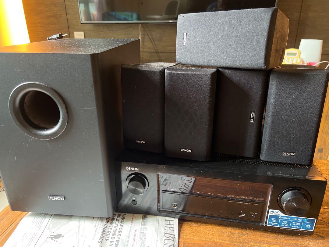 Denon music system AV receiver with woofer and surround sound speakers ...