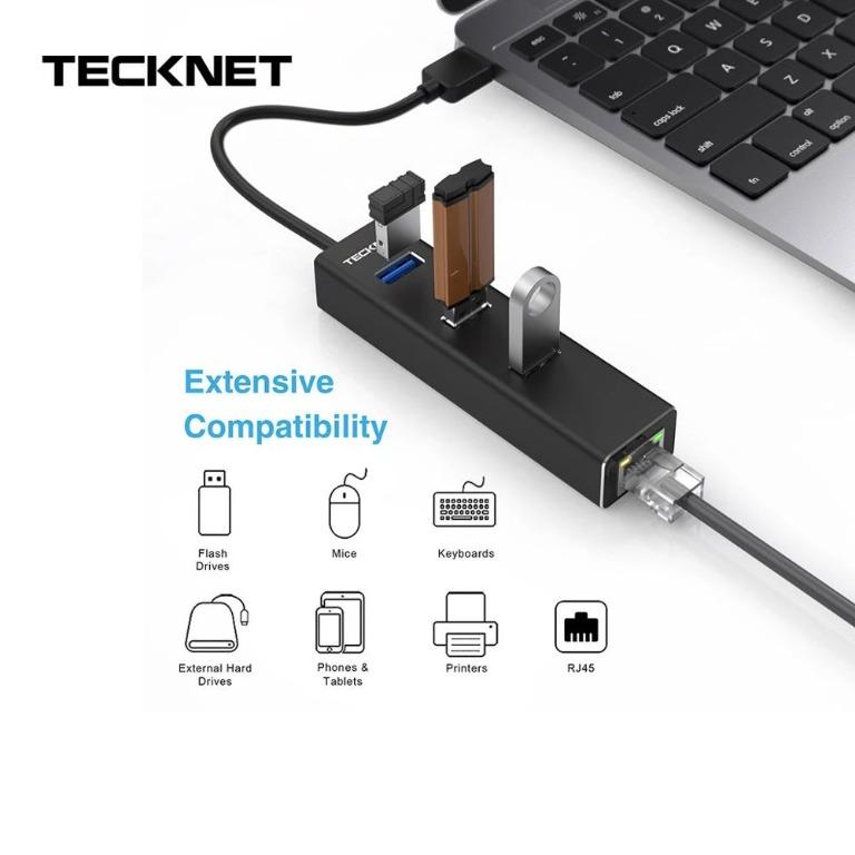 TeckNet Aluminum 3-Port USB 3.0 Hub with RJ45 10/100/1000 Gigabit ...