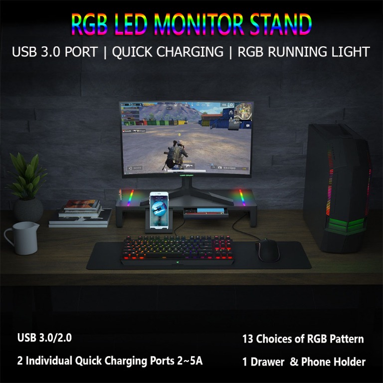 [iDS] USB 3.0 + Fast Charging RGB Monitor Stand Riser + 3 USB ports ...