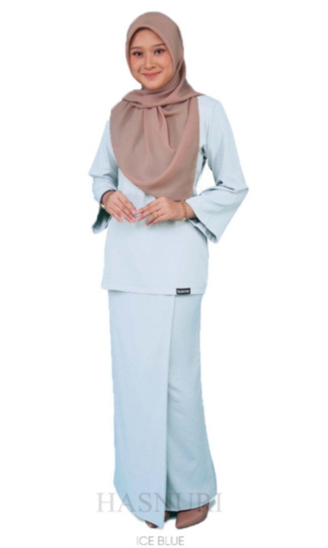Baju raya kurung hasnuri (ice blue), Women's Fashion, Muslimah Fashion ...