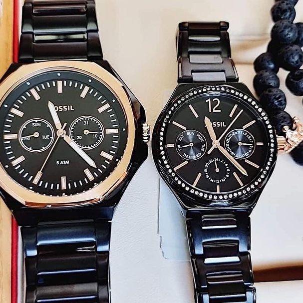Fossil BQ2645SET His and Her Multifunction Black Stainless Steel Analog ...
