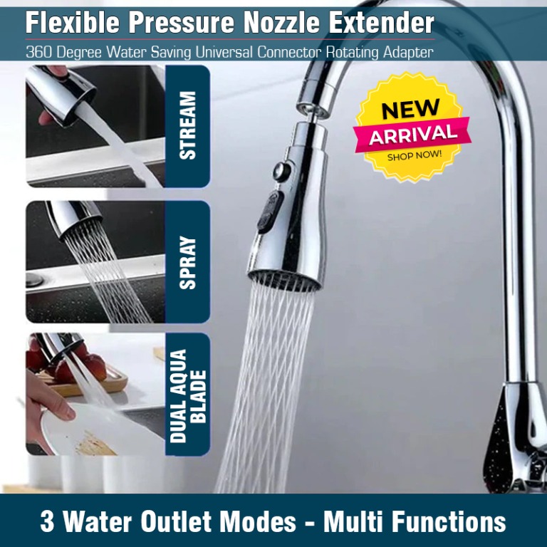 360 Degree Flexible Pressure Nozzle Extender Faucet Tap Water Saving ...