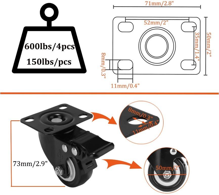 4Pcs 2 Inch Heavy Duty Castor Wheels With Locks Brakes FREE Screws ...