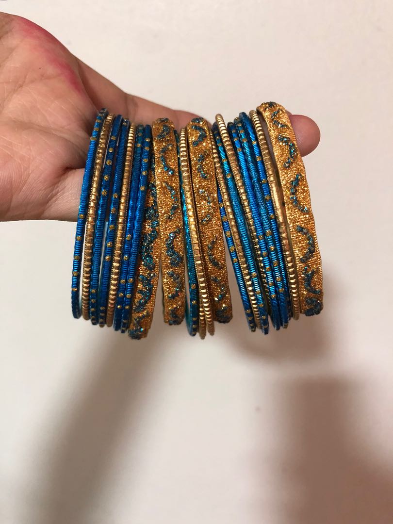 Gold Blue Indian Bangles Bracelets Punjabi Kada kara, Women's Fashion ...