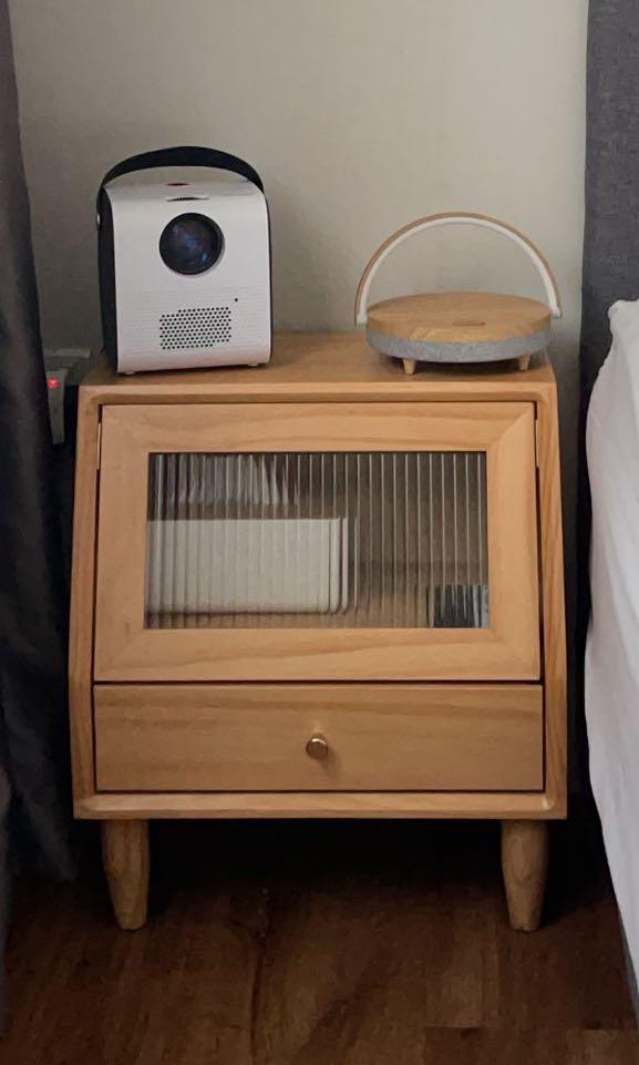 Natural wood fluted glass bedside table, Furniture & Home Living ...