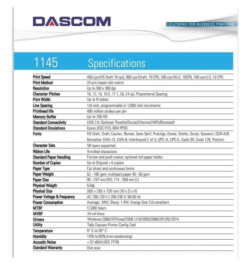 New Arrival!!! Tally Dascom Dot Matrix Printer 1145 80-Column 24 Pins ...