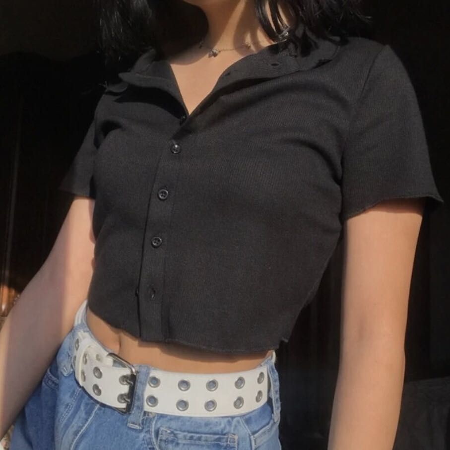 Shein Collared Buttoned Rib Knit Crop Top Womens Fashion Tops